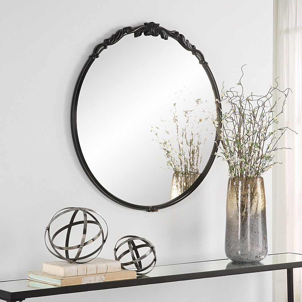 30" round mirror is finished, a rich satin black.
