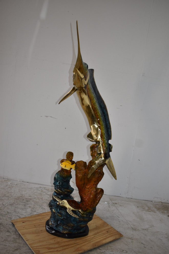 Marlin Fish and Turtle Swimming in the Ocean Bronze Statue Size 20" x