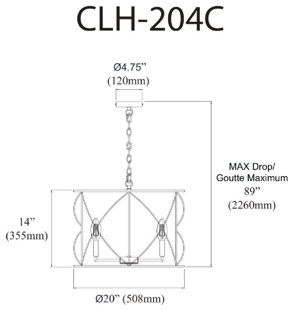 Dainolite CLH-204C Calah 4 Light 20"W Drum Chandelier - Matte Black