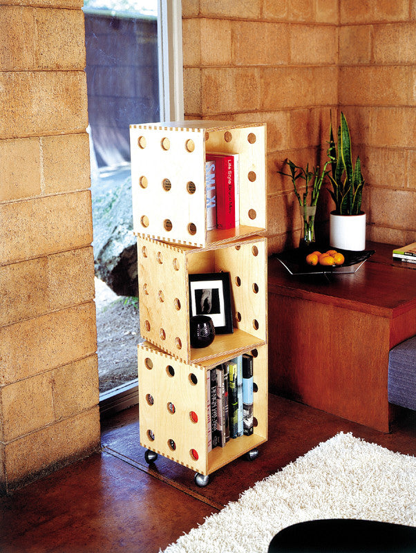 Modern Wood Stacking Cube Bookcase, Offi Perf Boxes, Birch
