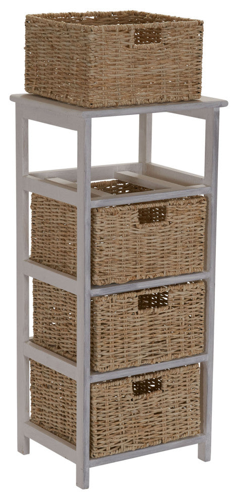 Storage Chest Of 4 Drawers White Sollid Wood and Natural Wicker Basket