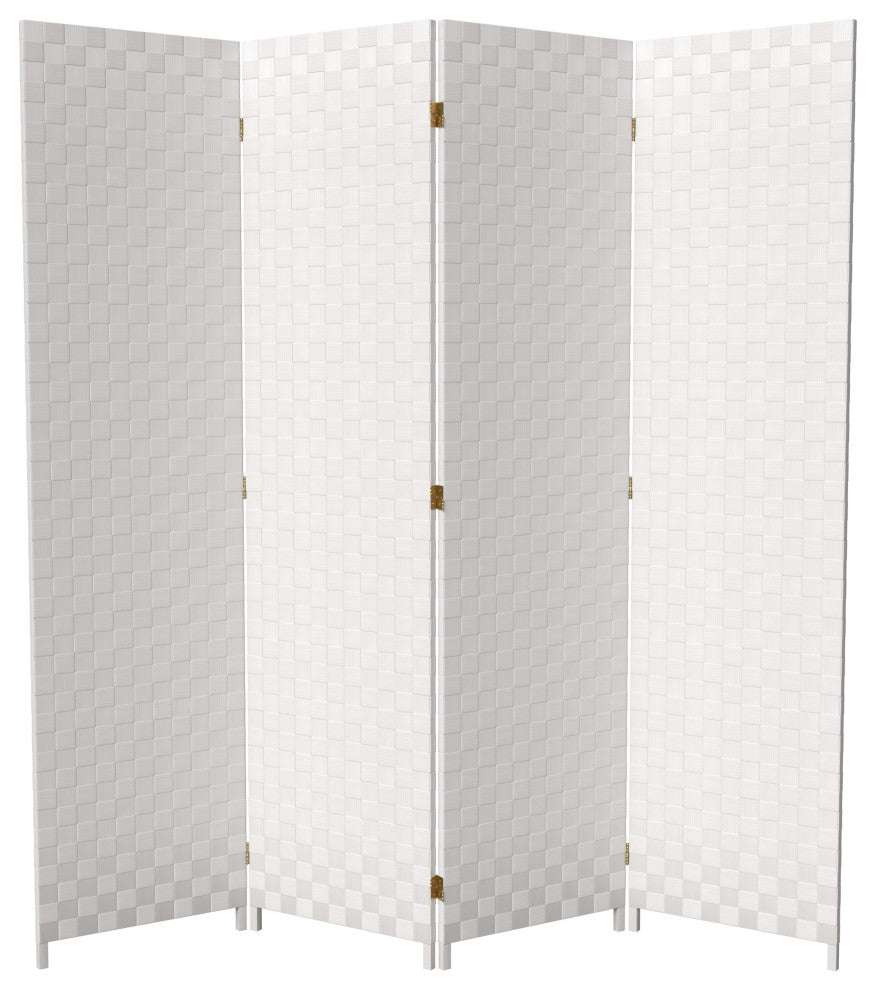 6' Tall Woven Fiber Outdoor All Weather Room Divider, 4 Panel, White