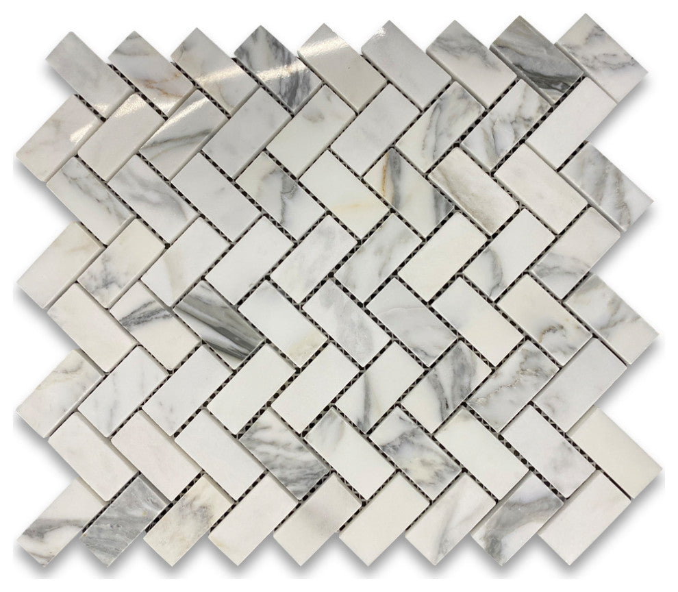 1x2 Herringbone Statuary Statuario White Marble Mosaic Tile Polished,