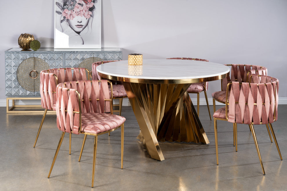 Waterfall Round Marble Top Dining Table Gold and White