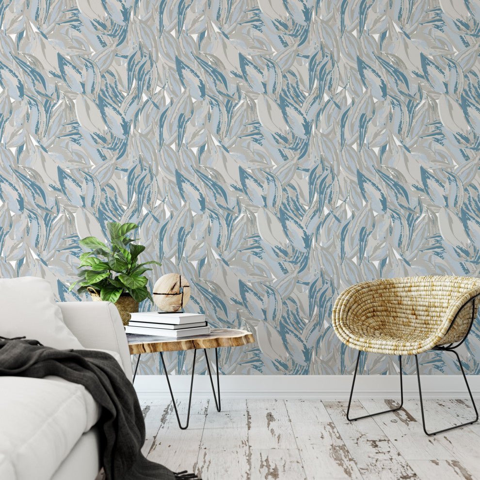 Brushy Leaves Blue Wallpaper by Monor Designs, 24"x144"