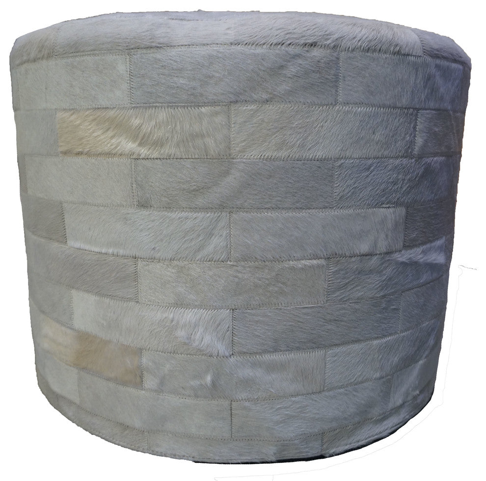 Cowhide 24" Round Patchwork Ottoman, White