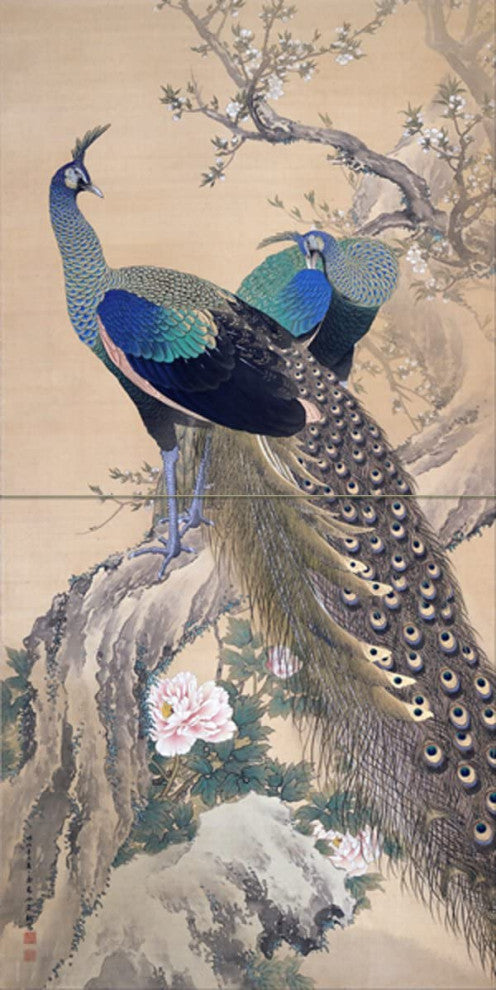 Tile Mural Japanese pattern peacock on sakura Backsplash 12" Ceramic M
