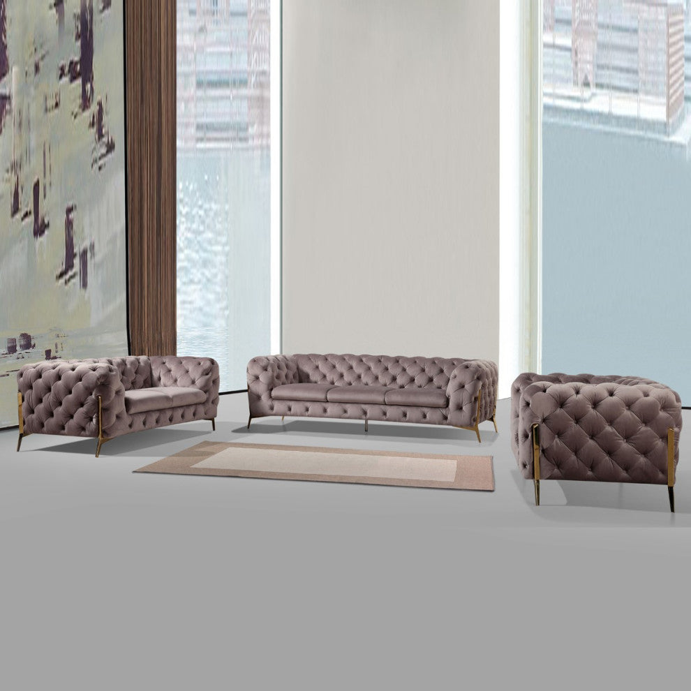 3 Piece Sofa Set, Gold Glam Luxe Hollywood Regency Sofa Set, Tufted Fa