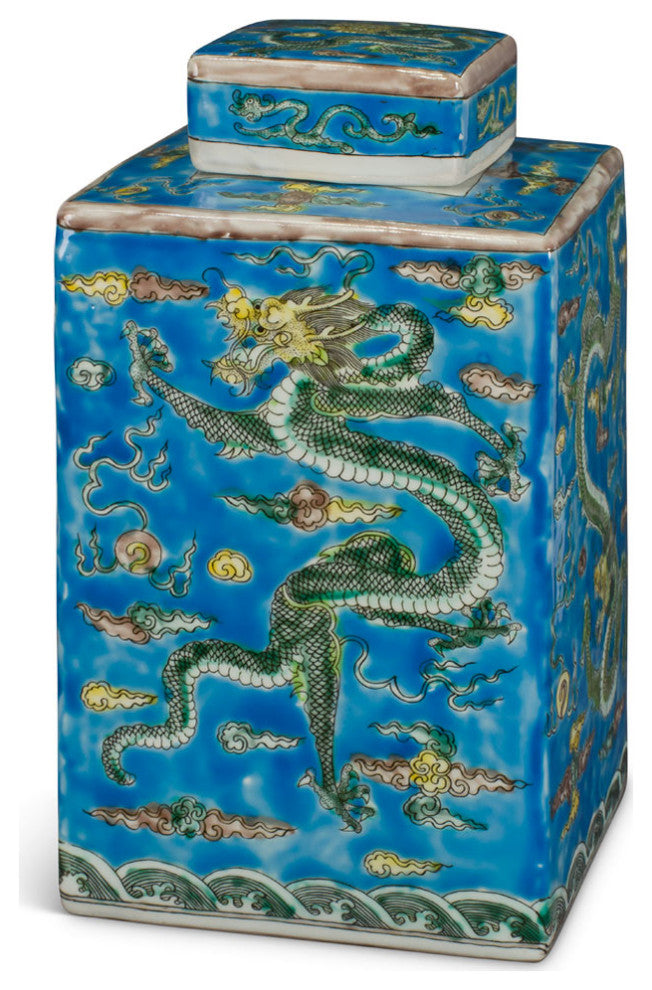 Light Blue Chinese Square Porcelain Tea Jar with Imperial Dragon Motif