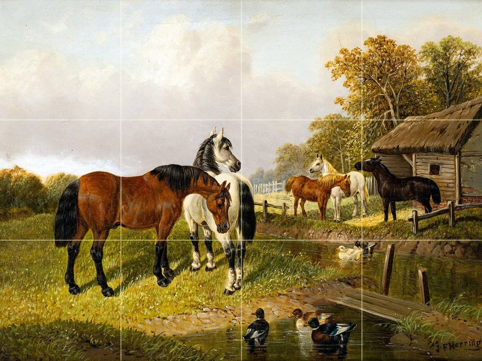 Tile Mural, Village Animals Yard Horse Duck Ceramic Glossy