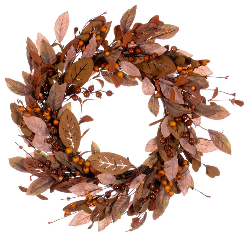 Vickerman 22" Artificial Light Brown Fall Berry and Wood Leaf Wreath
