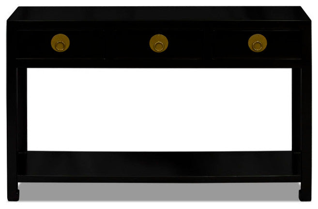 Matte Black Elmwood Chinese Ming Console Table with 3 Drawers and Shel