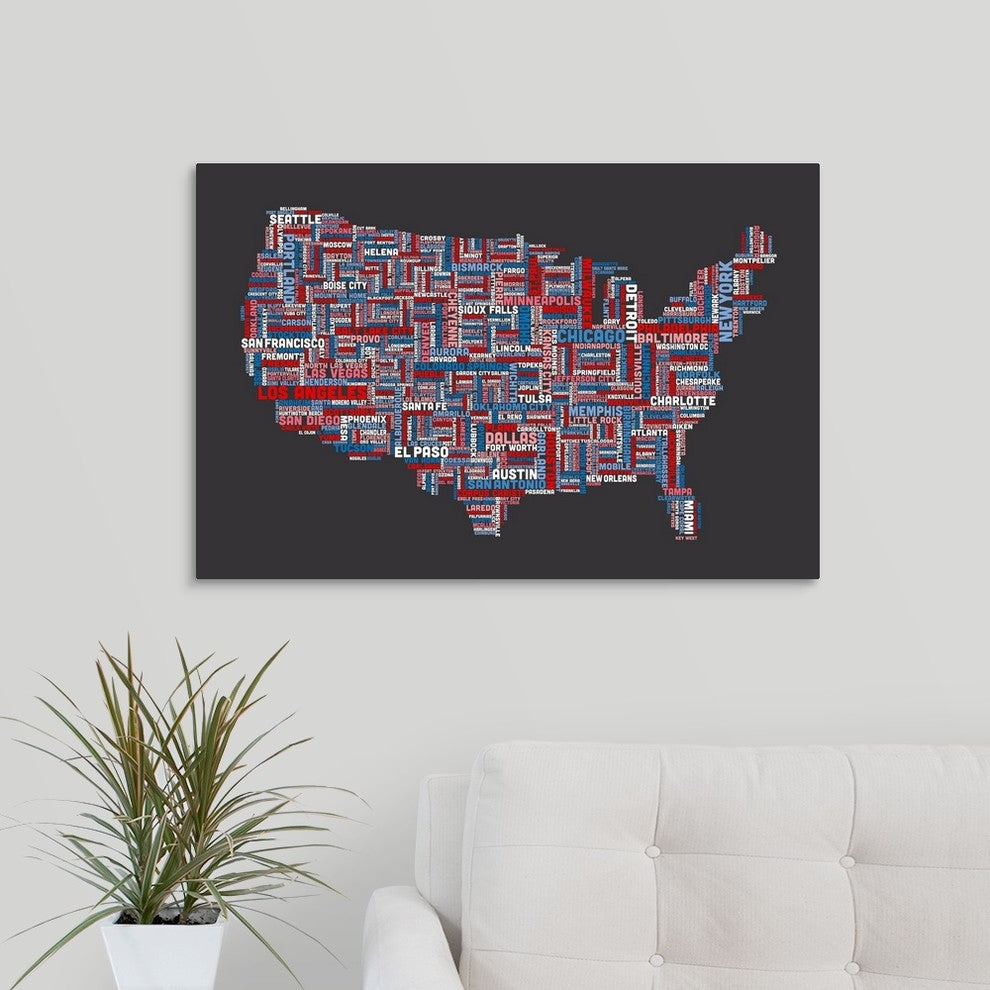 United States Cities Text Map, US Colors on Grey Wrapped Canvas Art Pr