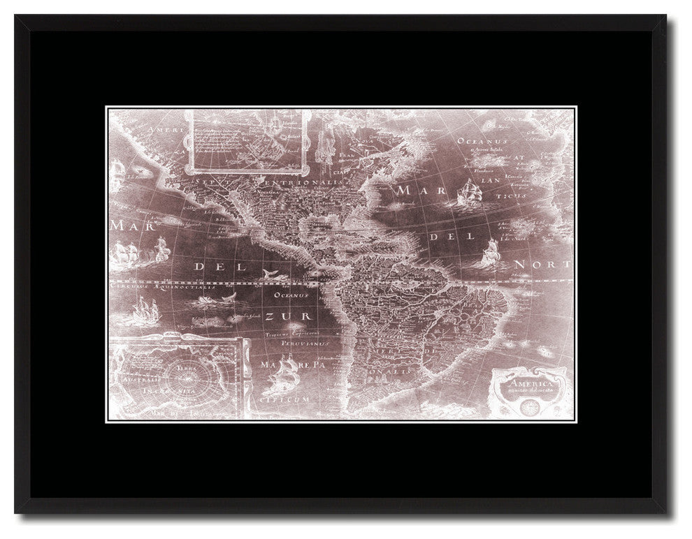 America Vivid Sepia Map Print On Canvas With Black Custom Frame, 16" X