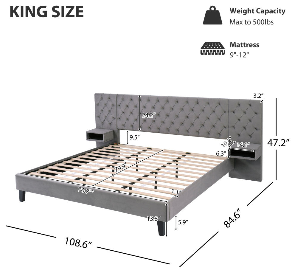 GDF Studio Velvet Platform Bed, Headboard & 2 Nightstands, King/Gray