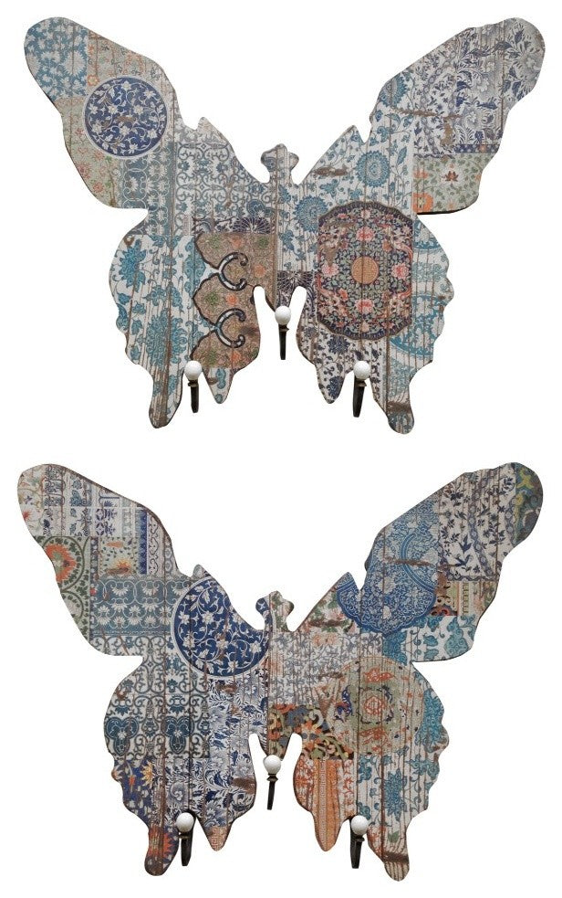 Butterfly Shape MDF and Metal Wall Decor With 3 Hooks, Multicolor, Set