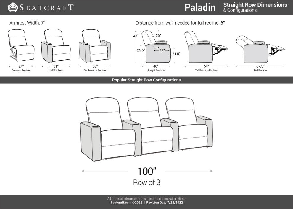 Seatcraft Paladin Home Theater Seating, Black, Row of 3