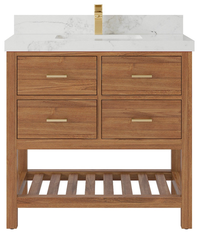 Parker Teak 36" Single Sink Bath Vanity in Golden Teak 2" Calacatta Nu