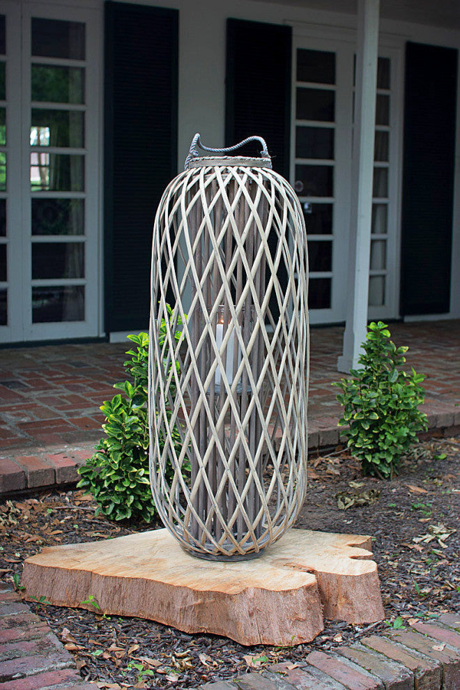 Tall Grey Willow Lantern with Glass - Small
