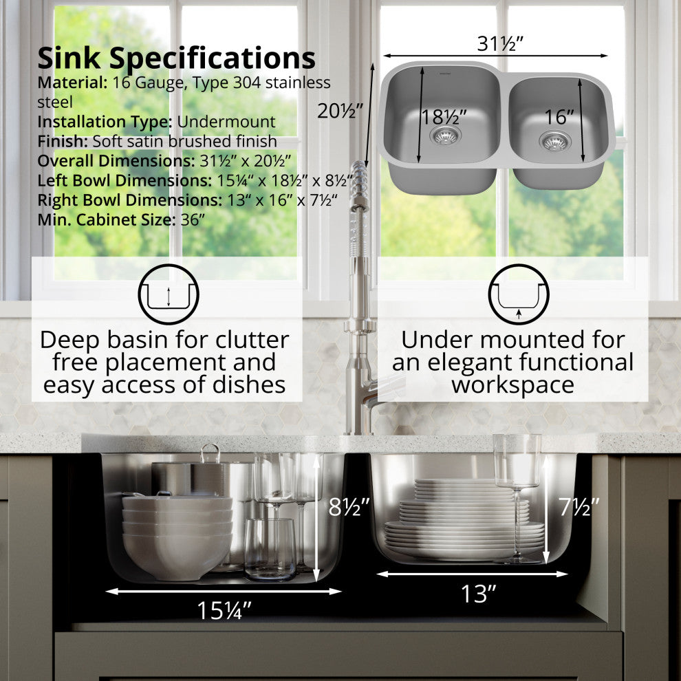 Karran 32" Undermount 16-Gauge Stainless Steel 60/40 Double Bowl Sink