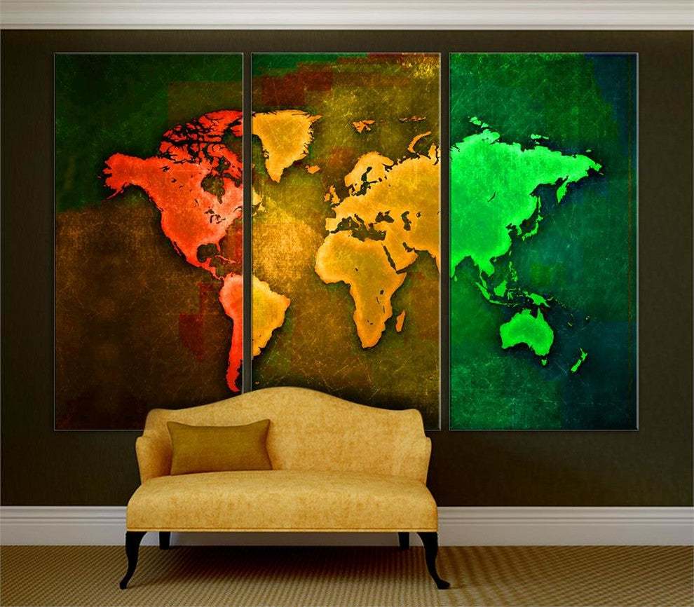 Color World Map Pop Art Canvas Print 3 Panel Split Triptych Wall Art