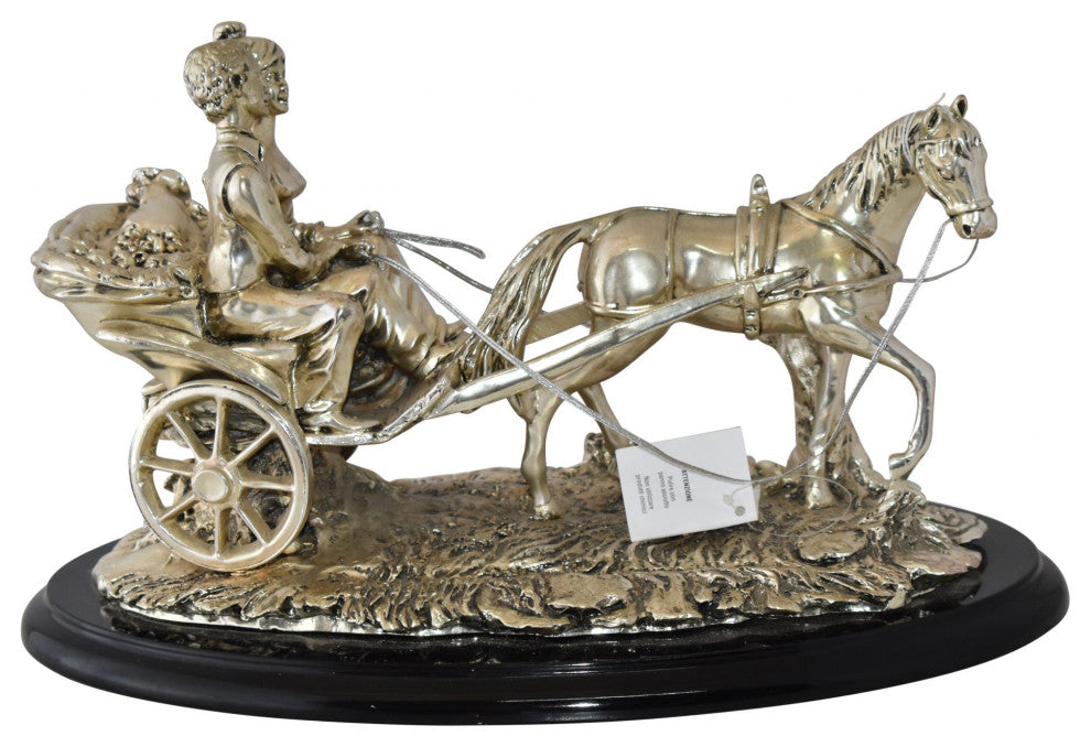 Horse With Carriage Resin Statue with Silver Coating Size: 17" x 10" x