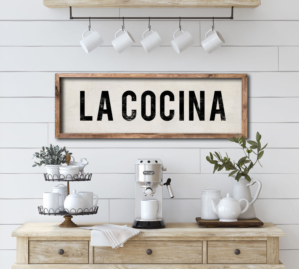 Hand Painted La Cocina Spanish Kitchen Sign, 12x36, Brown Frame