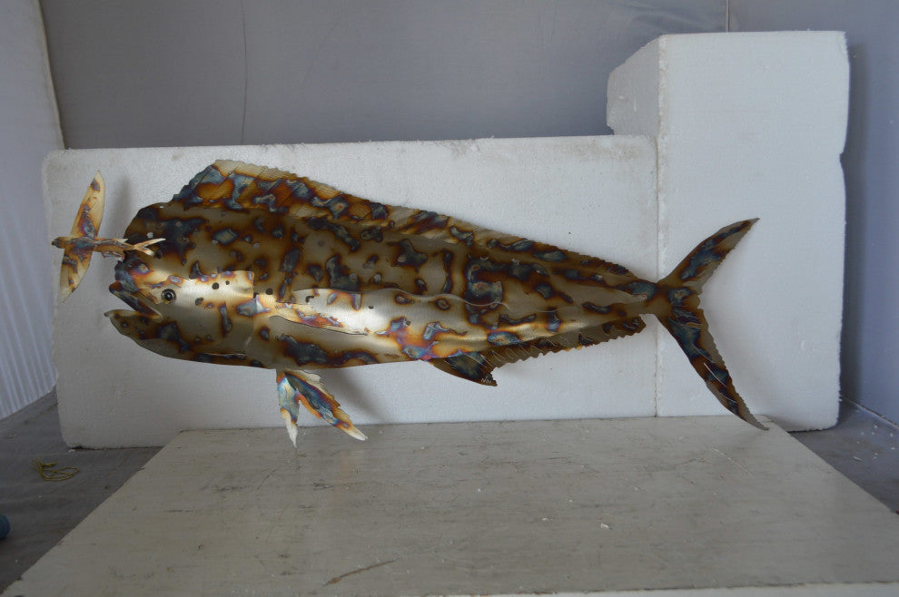 Mahi Mahi catching flying fish made of cut steel - Size: 39"L x 2"W x