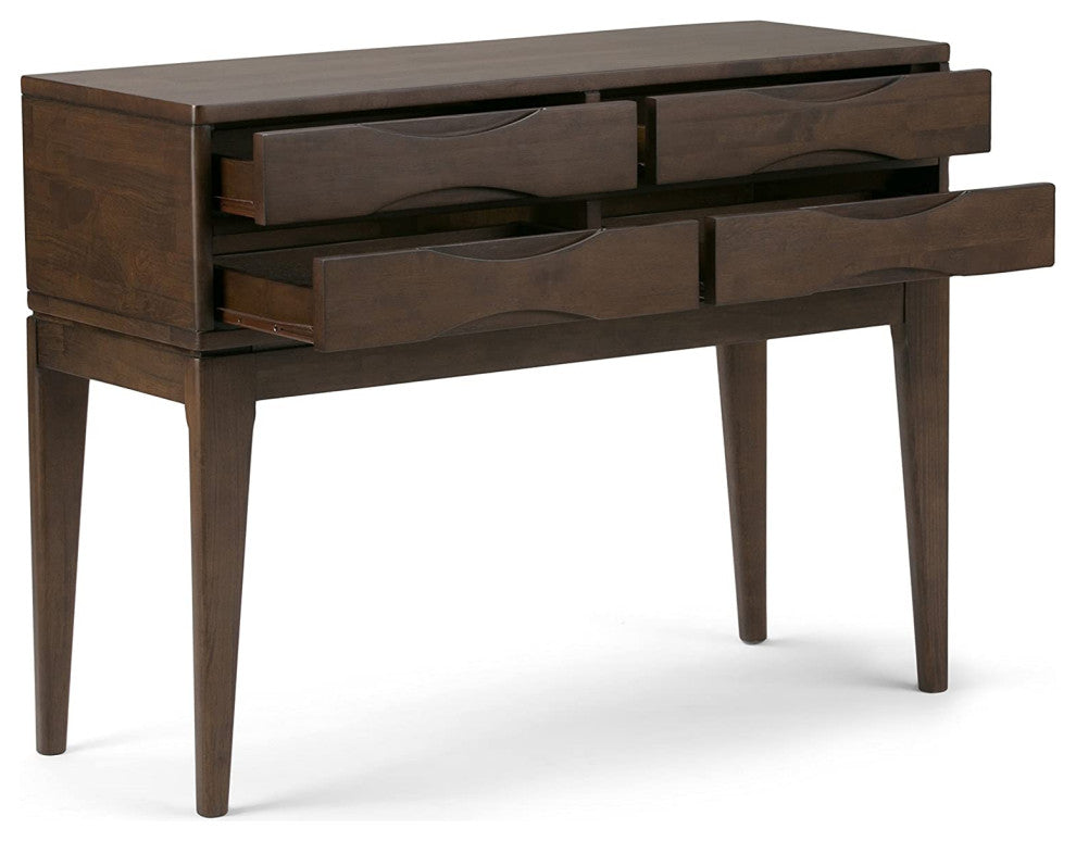 Retro Modern Console Table, Rubberwood Frame With 4 Drawers, Dark Waln