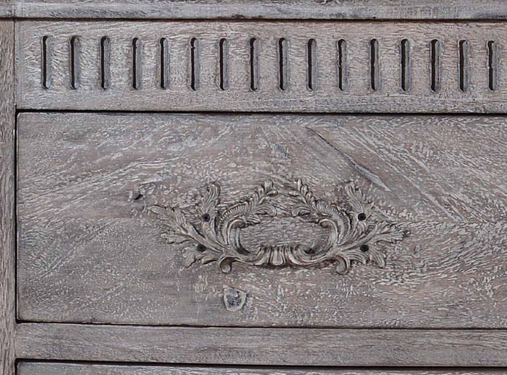 Chest Colonial Bow Front Weathered Gray Wood, Three Drawer, Brass