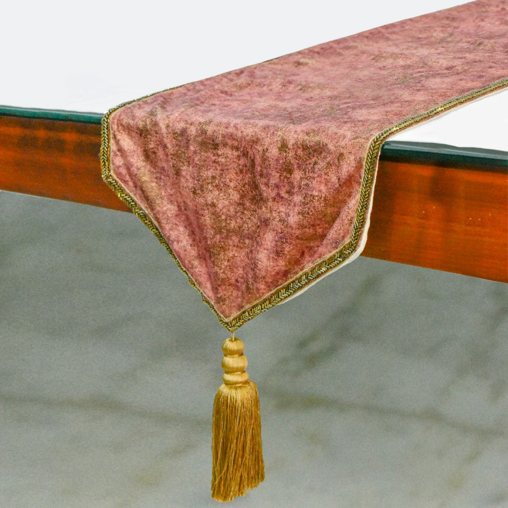 Luxury Table Runner Brown Suede 14"x120" Foil Tassels - Shimmer Fest