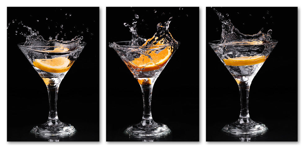 Martini Drinks and Orange Canvas Print Wall Art, 3 Panel Split, Tripty
