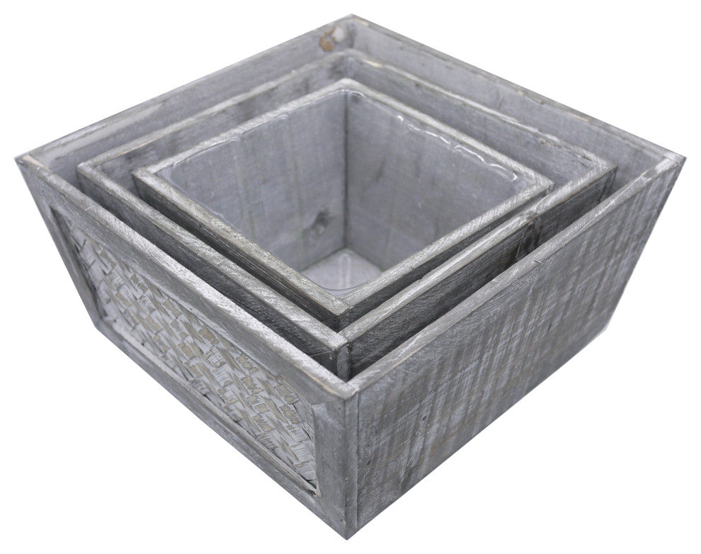 Set Of 3 Contemporary Liner Square Wood Pot Planter Gray Wash