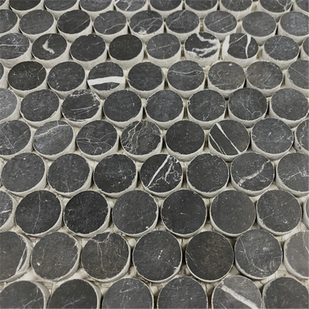 Penny Round Nero Marquina Black Marble Mosaic Tile Honed 3/4 inch, 1 s