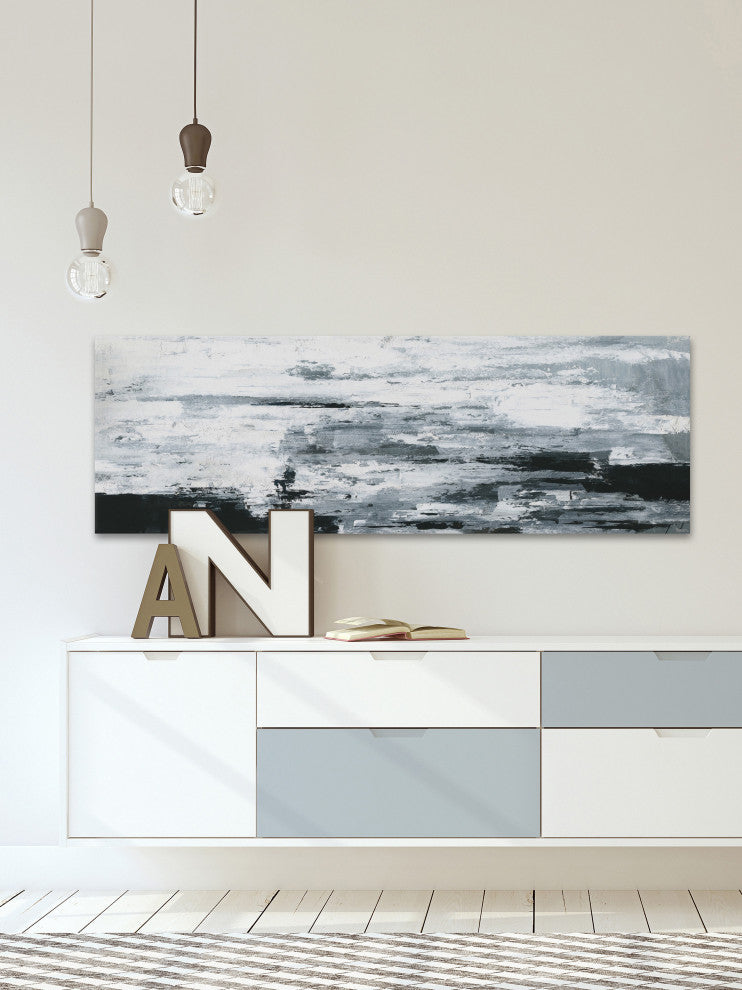 "Black and White Smudges IV" Painting Print on Wrapped Canvas, 45"x15"