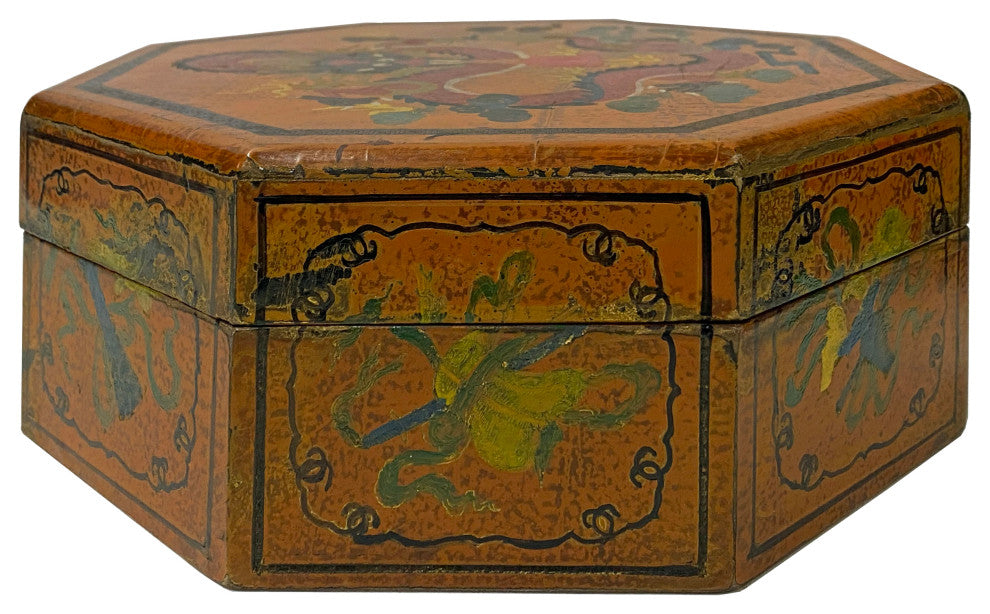 Chinese Distressed Light Brown Octagon Dragon Treasure Graphic Box Hws