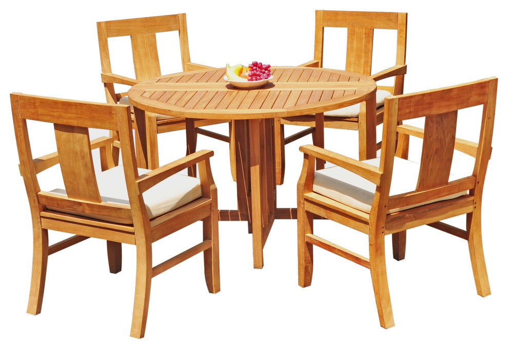 5-Piece Outdoor Patio Teak Dining Set, 48" Butterfly Table, 4 Osbo Arm