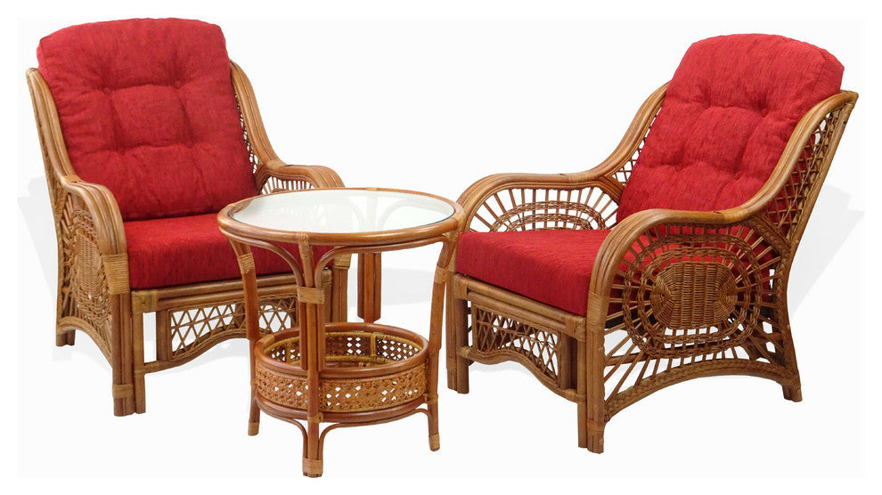 Malibu 3-Piece Rattan Wicker Living Room Set With Cushions, Colonial/R