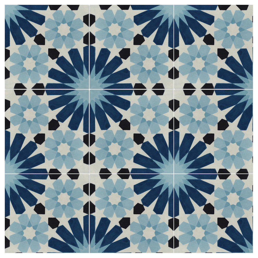 8"x8" Tangier Blue, Handcrafted Cement Tiles, Set of 16