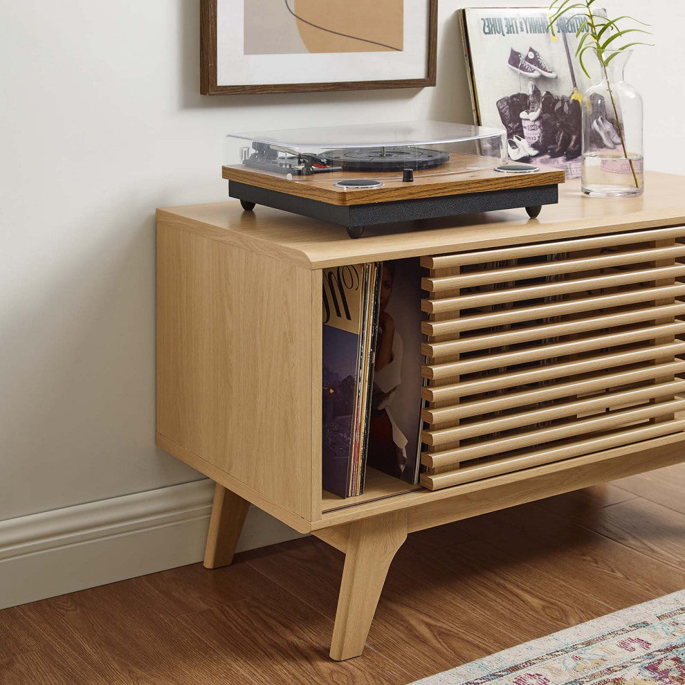 Vinyl Record Side Table Cabinet Stand, Brown Oak, Wood, Modern Lounge