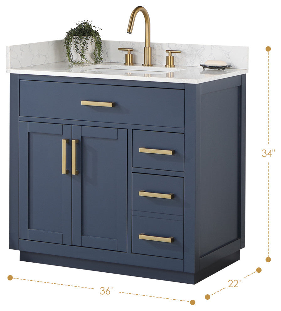 Gavino Vanity With Grain White Composite Stone Top, Royal Blue/Brushed