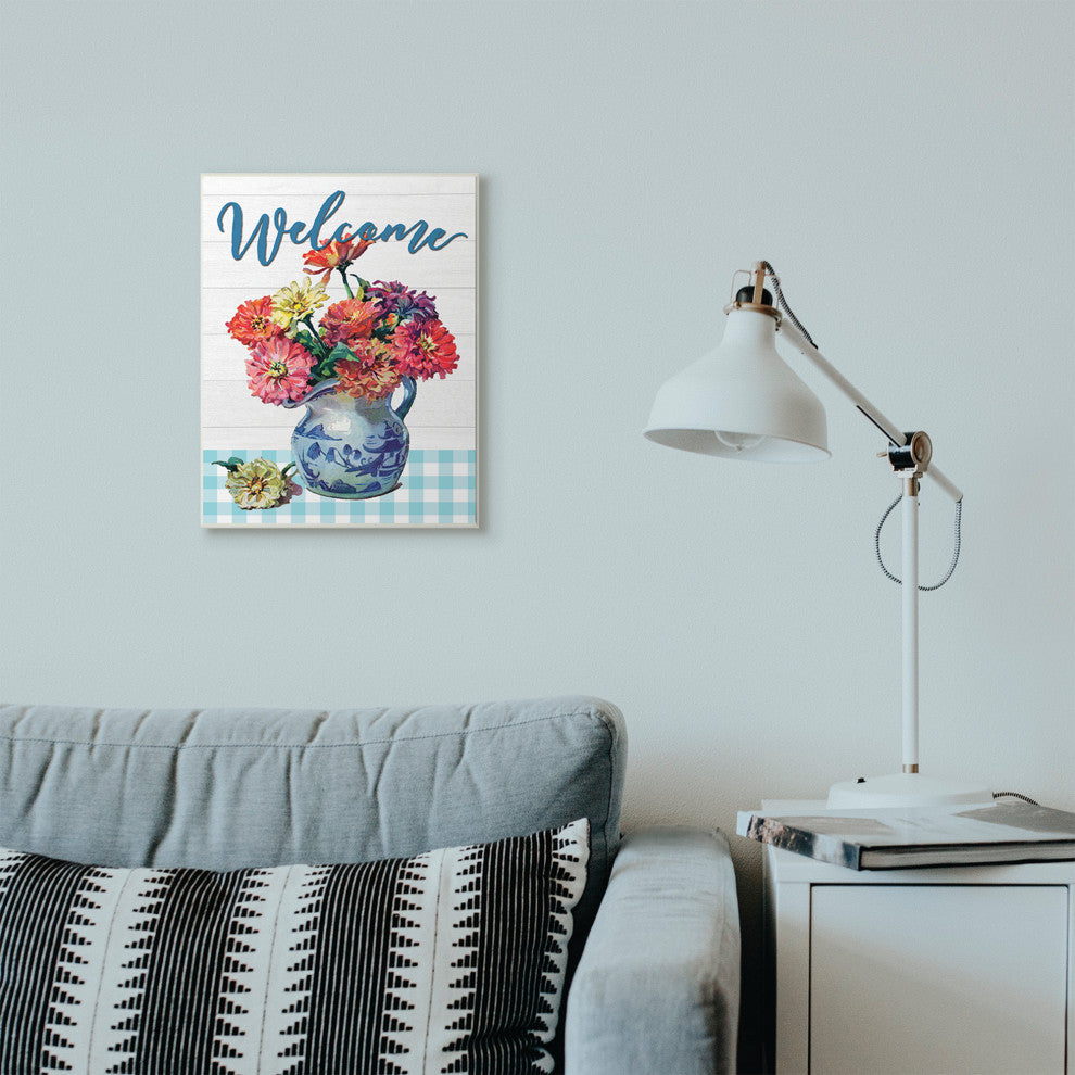 Welcome Flower Pot Blue Plaid Rustic Word Design 13"x19" Wood Art