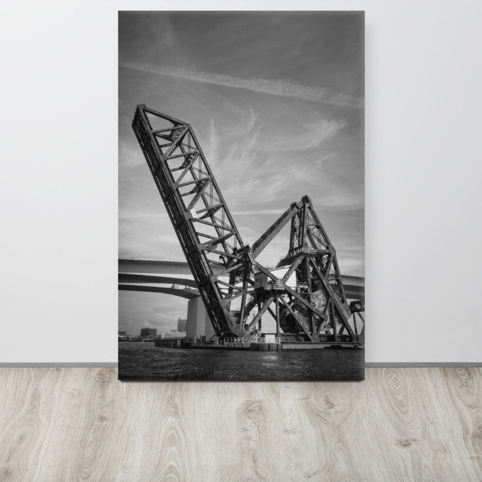 Black And White Bridge Canvas: Train Drawbridge Urban Photo, 24" X 36"