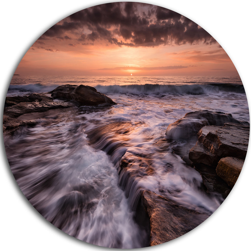 Exotic Flow Of Waters Over Rocks Seascape Disc Metal Wall Art 36"