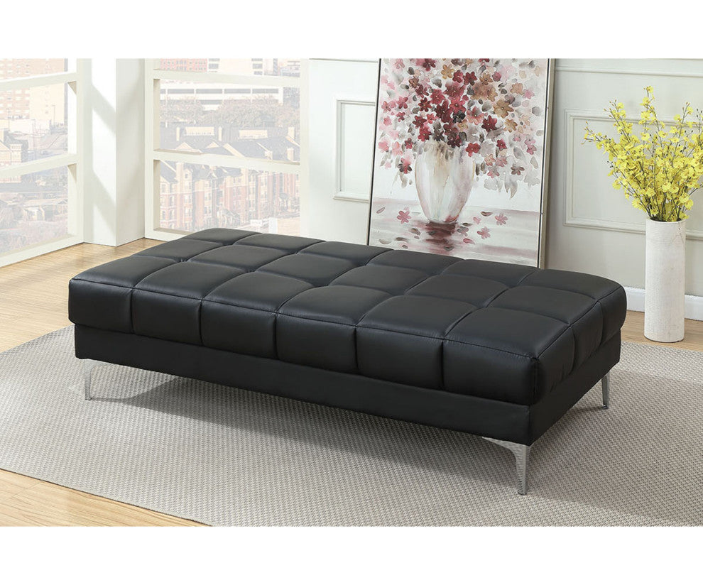 Tufted Bonded Leather Rectangle Ottoman, Black