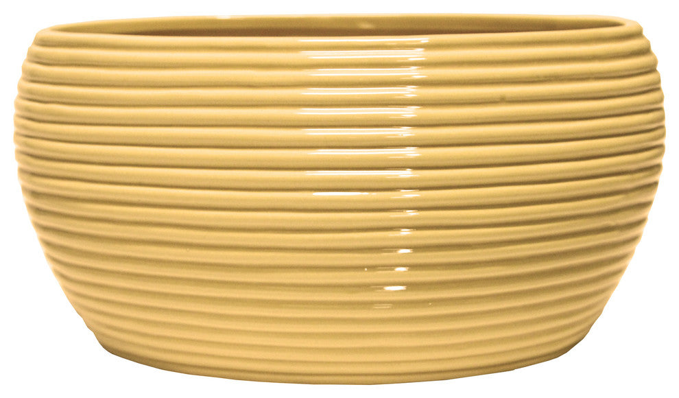Contemporary Oval Pot With Horizontal Line Indents, Cream