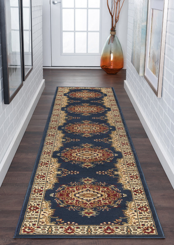 Fiona Transitional Border Navy Runner Rug, 2' x 10'