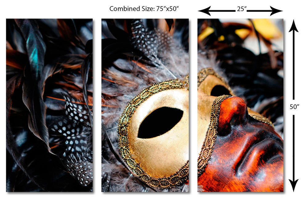 Carnival Mask, Feathers Canvas Print, 3 Panel Split, Triptych Wall Art