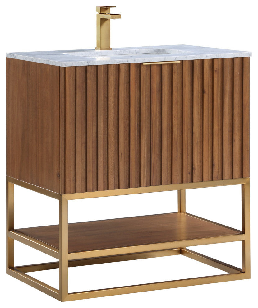 Terra Bathroom Vanity, Walnut/Satin Brass With Carrara Marble, 30", Ca