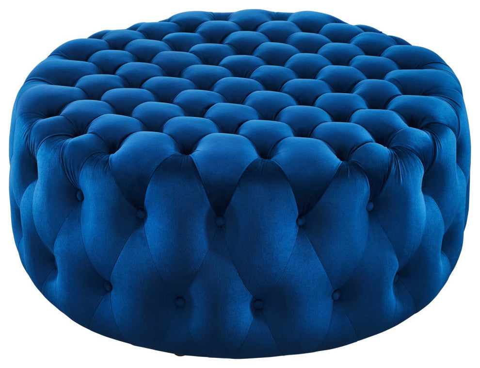 Round Ottoman Accent Tufted Chair, Blue Navy, Velvet, Modern, Cafe Hos